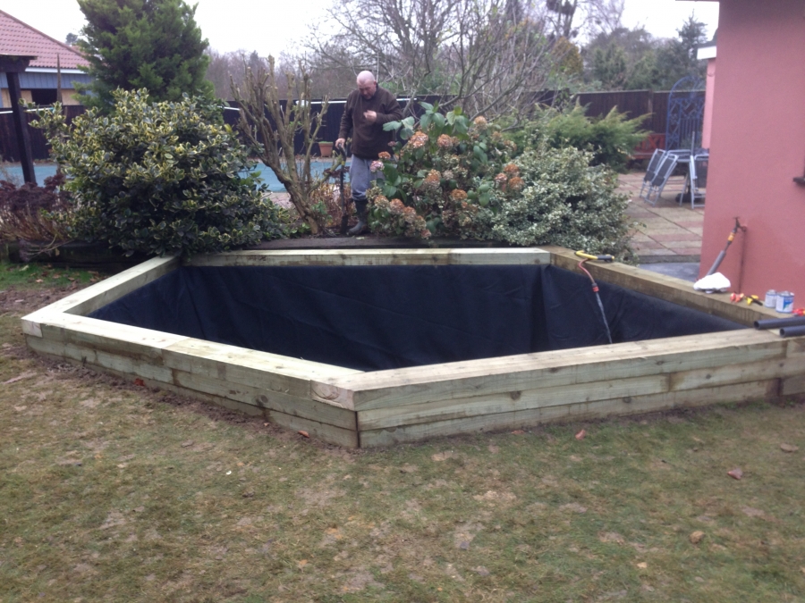 Railway sleeper pond construction Bulmer Tye Essex